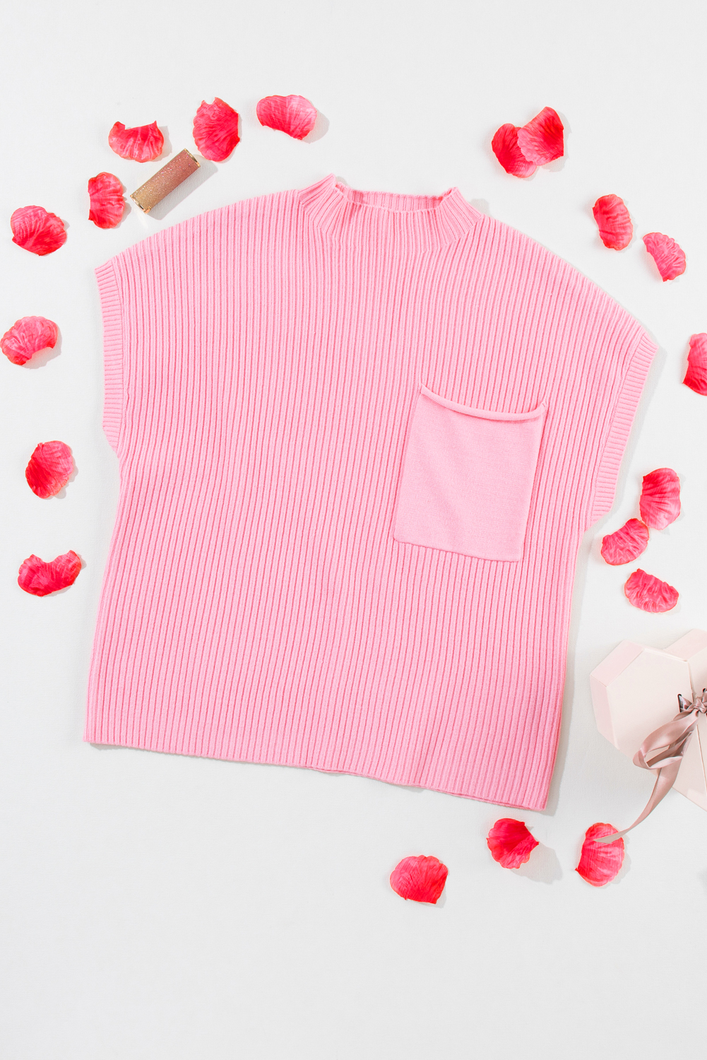 $ 12.79 - Pink Patch Pocket Ribbed Knit Short Sleeve Sweater - ds.dear ...