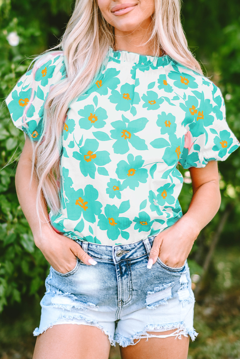 $ 10.79 - Green Floral Puff Sleeve Frilled Neckline Blouse - ds.dear ... $ 10.79 - Green Floral Puff Sleeve Frilled Neckline Blouse - ds.dear ...