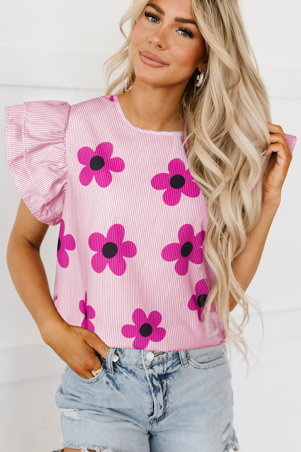$ 8.01 - Pink Pinstripe Floral Print Ruffled Flutter Sleeve Blouse - ds ...