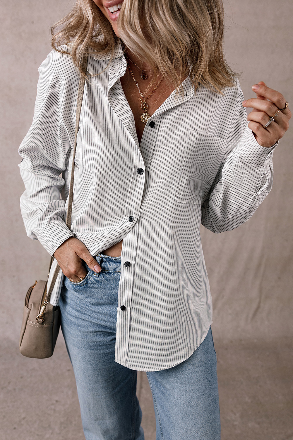 $ 14.4 - DEAR-LOVER Stripe Roll-tab Sleeve Pocketed Long Shirt - ds ...