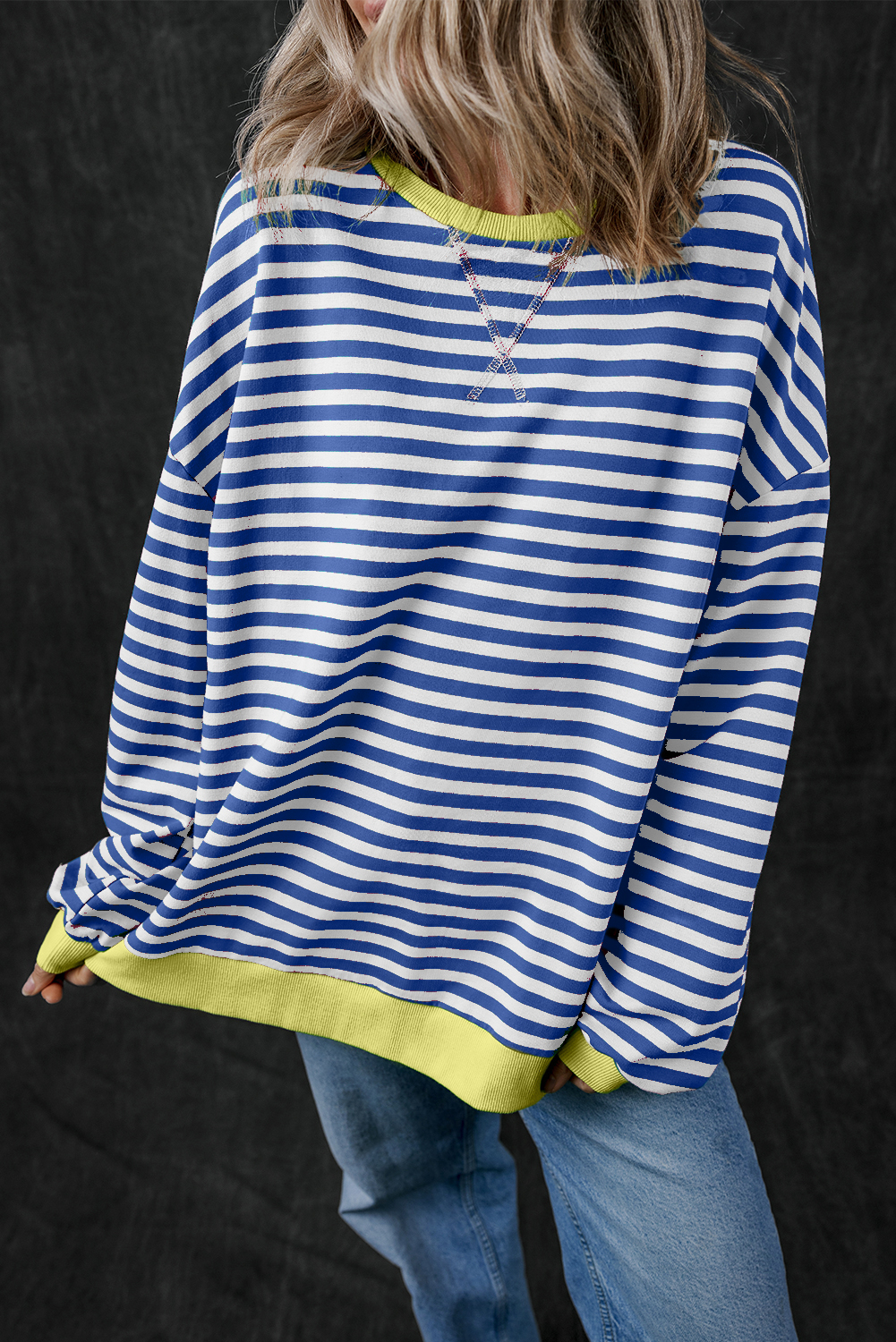 $ 10.58 - Blue Stripe Oversized Contrast Trim Pullover Sweatshirt - ds ...
