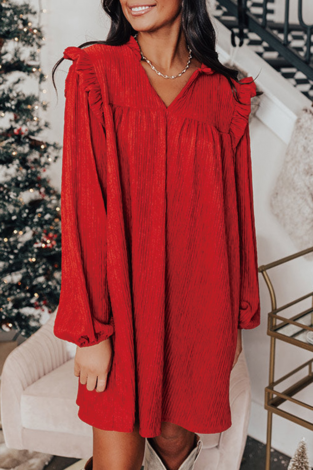 $ 12.15 - Fiery Red Textured Ruffled Trim V Neck Loose Fit Mini Dress ...