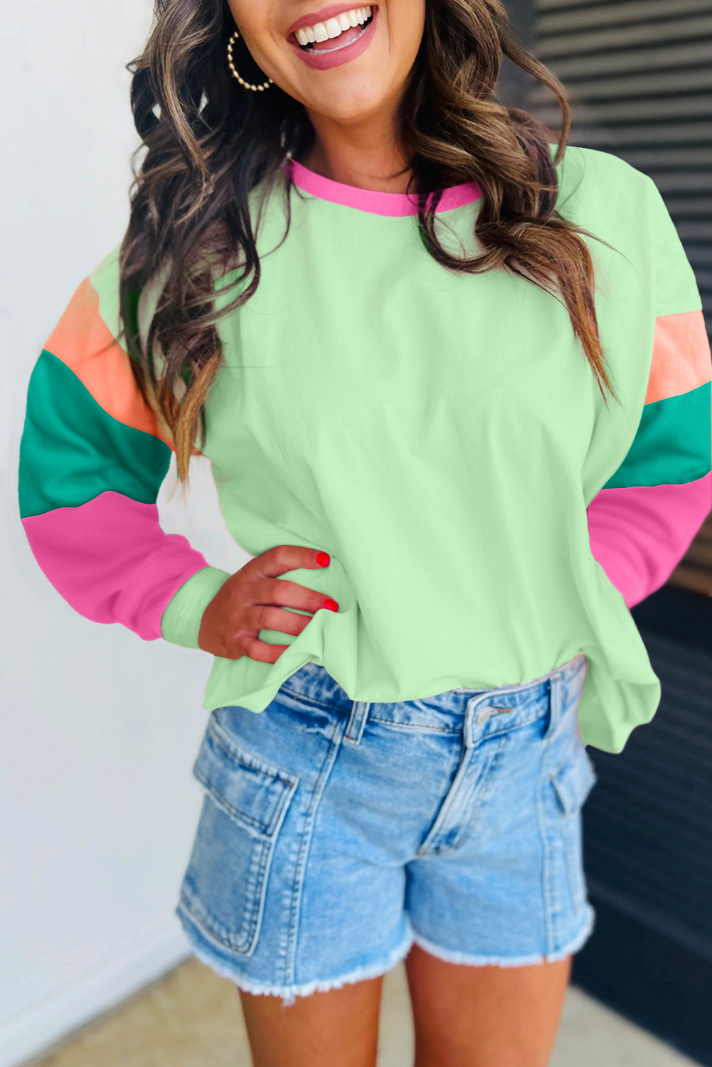 $ 9.53 - Green Colorblock Patchwork Long Sleeve Loose Top - ds.dear ...