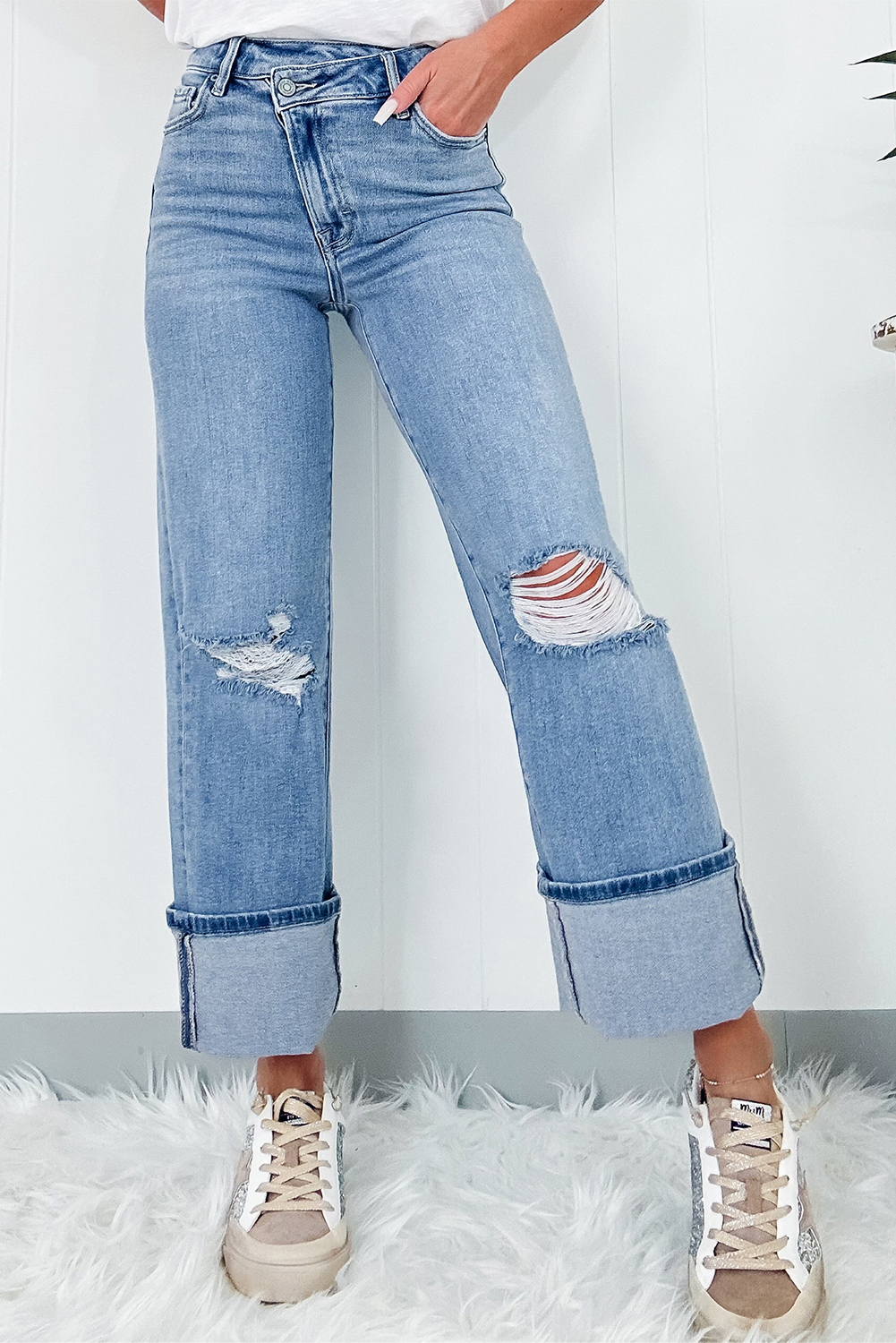 $ 21.75 - Dusk Blue High Rise Asymmetric Button Zip Fly Ripped Jeans ...