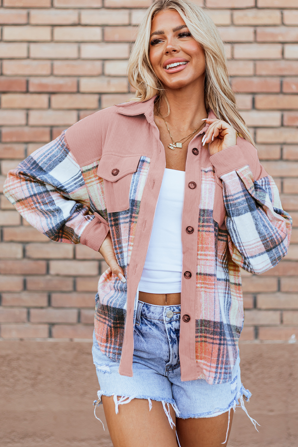 $ 15.53 - Light Pink Plaid Corduroy Patchwork Chest Pocket Shacket - ds ...