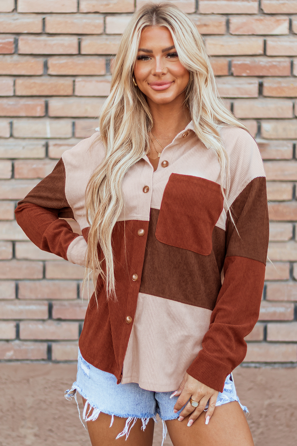 $ 14.94 - Cinnamon Colorblock Curved Hem Corduroy Shacket with Pocket ...