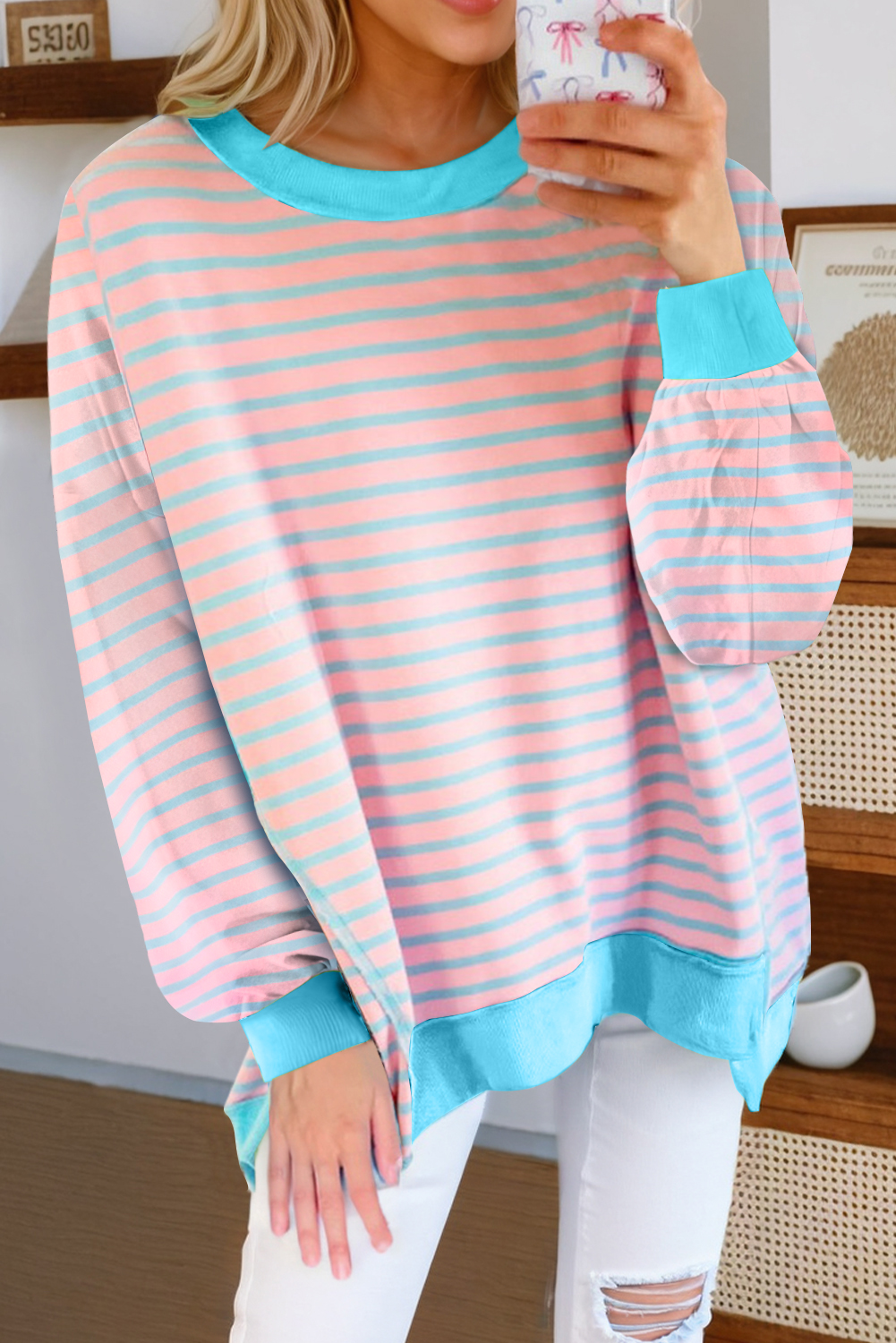 $ 12.23 - Pink Stripe Contrast Trim High Low Pullover Tunic Sweatshirt ...