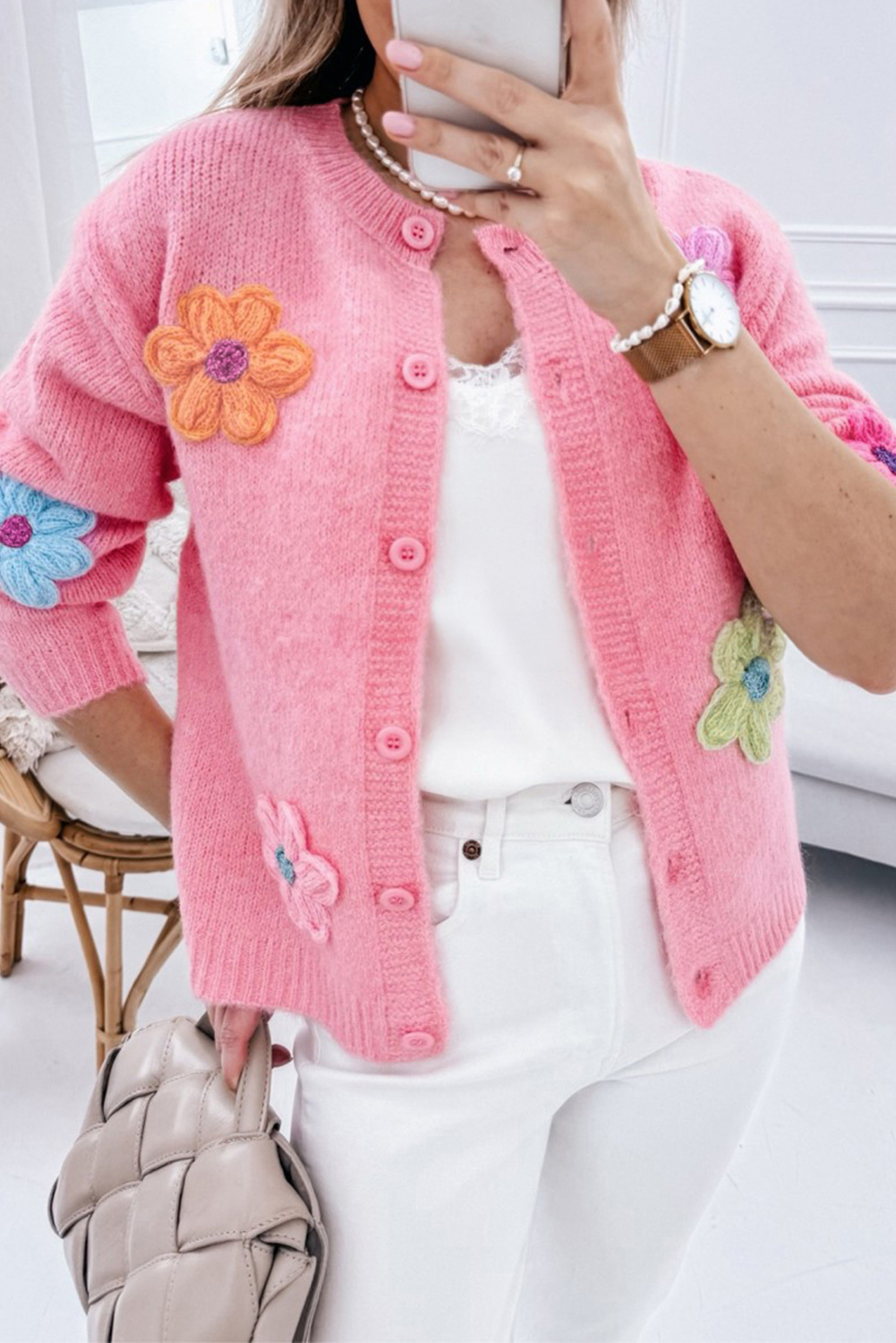 $ 18.23 - Pink Cute Knitted Floral Pattern Button Up Cardigan - ds.dear ...