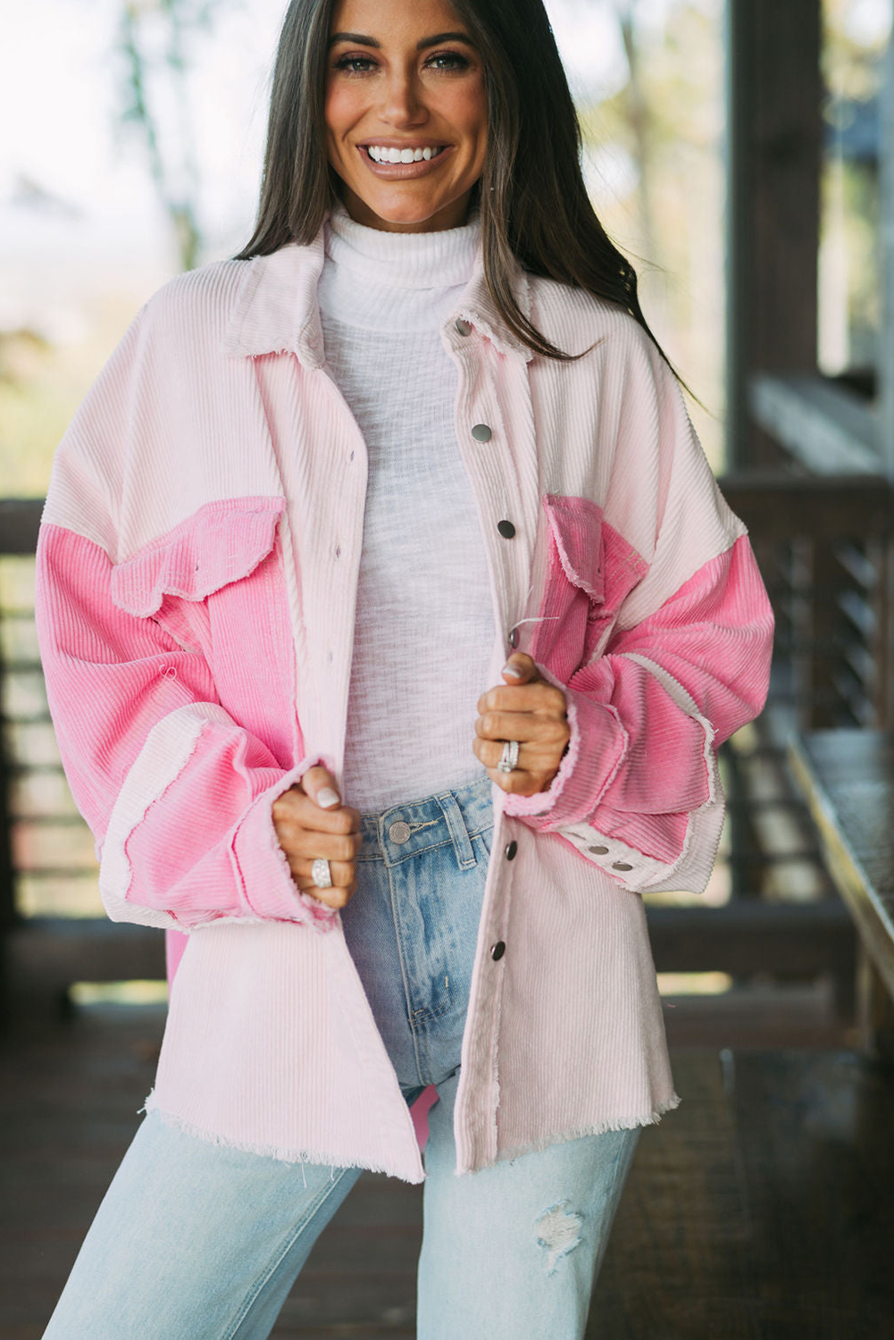 $ 21.9 - Delicacy Two-tone Color Exposed Seam Corduroy Shacket - ds ...