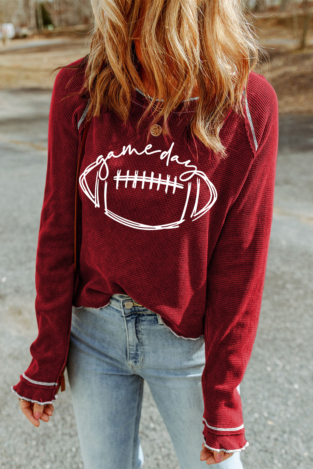 $ 9.3 - Red Game Day Rugby Football Graphic Thermal Knit Top - ds.dear ...