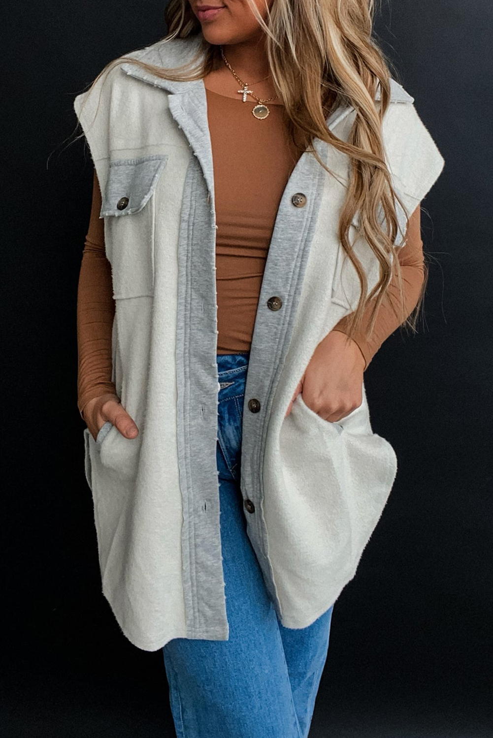 $ 16.5 - Light Grey Flap Pockets Contrast Buttons Front Jacket Vest - ds.dear-lover.com