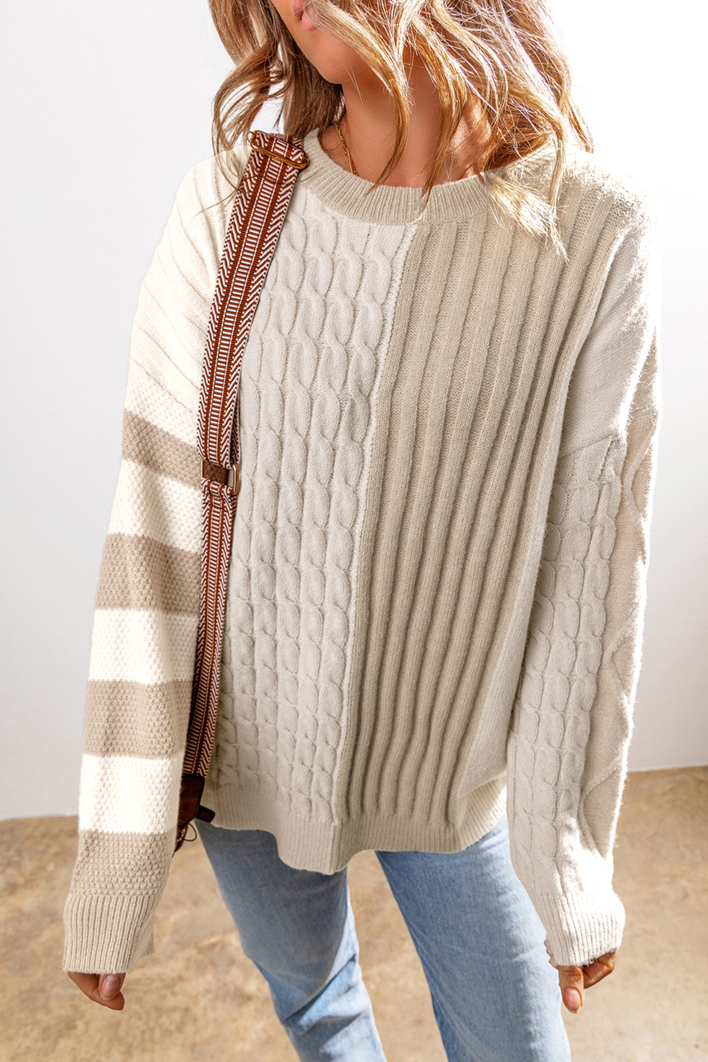 $ 13.73 - Khaki Cable Knit Colorblock Crew Neck Drop Shoulder Sweater ...