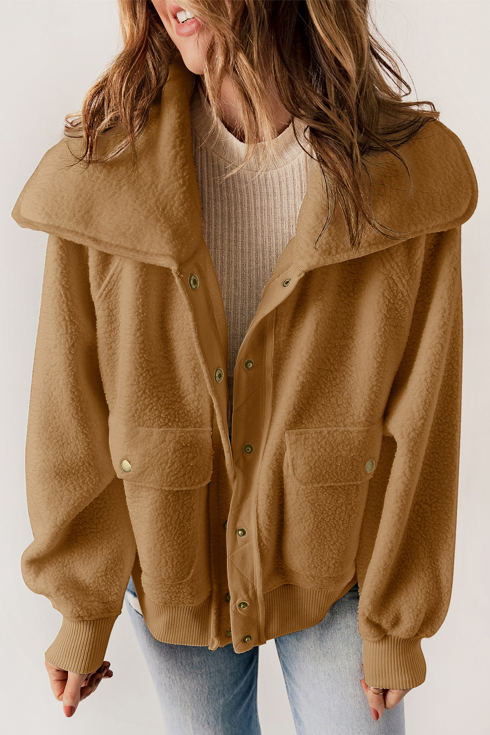 $ 16.56 - Brown Button Flap Pocket Spread Collar Fleece Jacket - ds ...