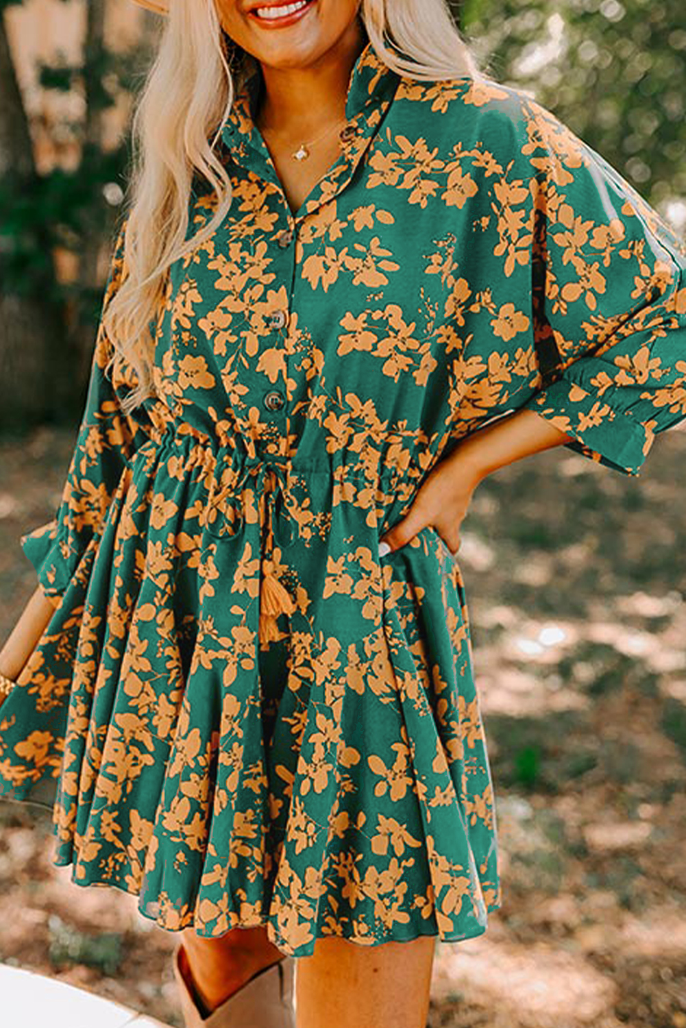 $ 17.1 - Green Floral Print Drawstring Tunic Flowy Short Dress - ds ...