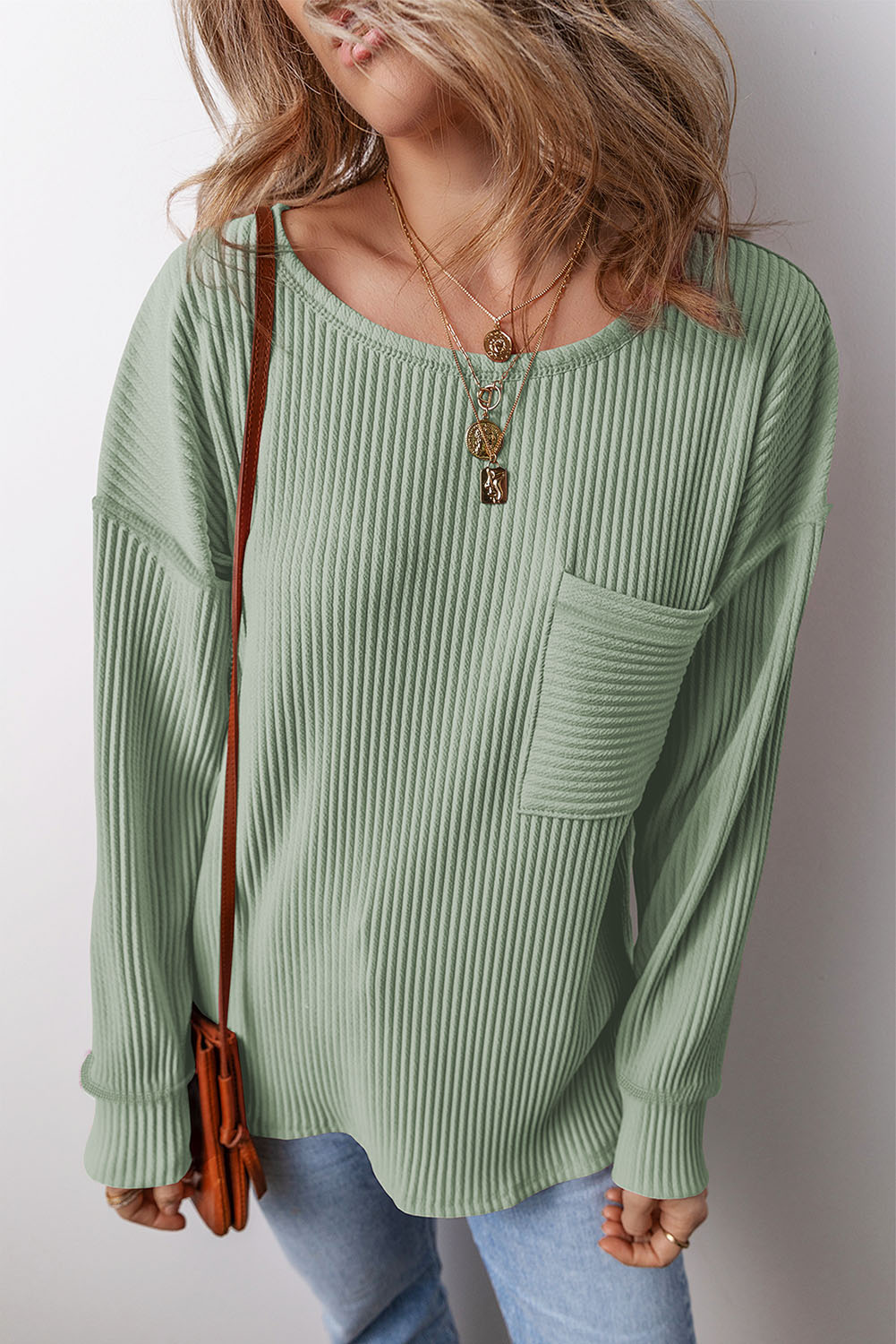 $ 7.8 - Clearly Aqua Solid Color Corded Drop Shoulder Long Sleeve Top ...