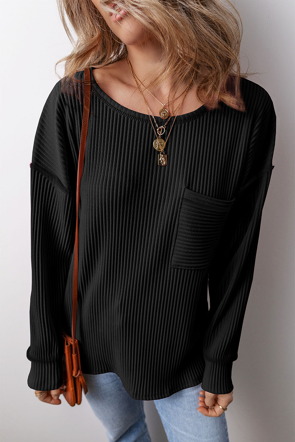 $ 7.8 - Black Solid Color Corded Drop Shoulder Long Sleeve Top - ds ...