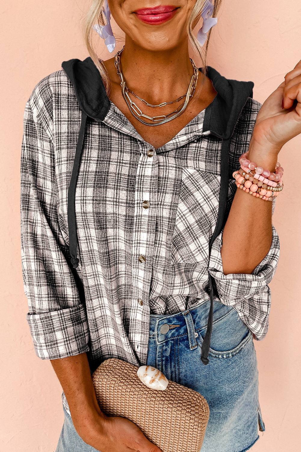 $ 14.25 - Black Checkered Print Loose Fit Buttoned Hooded Shacket - ds ...