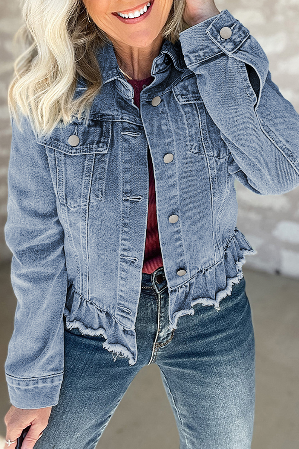 $ 21.38 - Beau Blue Ruffle Raw Hem Flap Pockets Denim Jacket - ds.dear ...