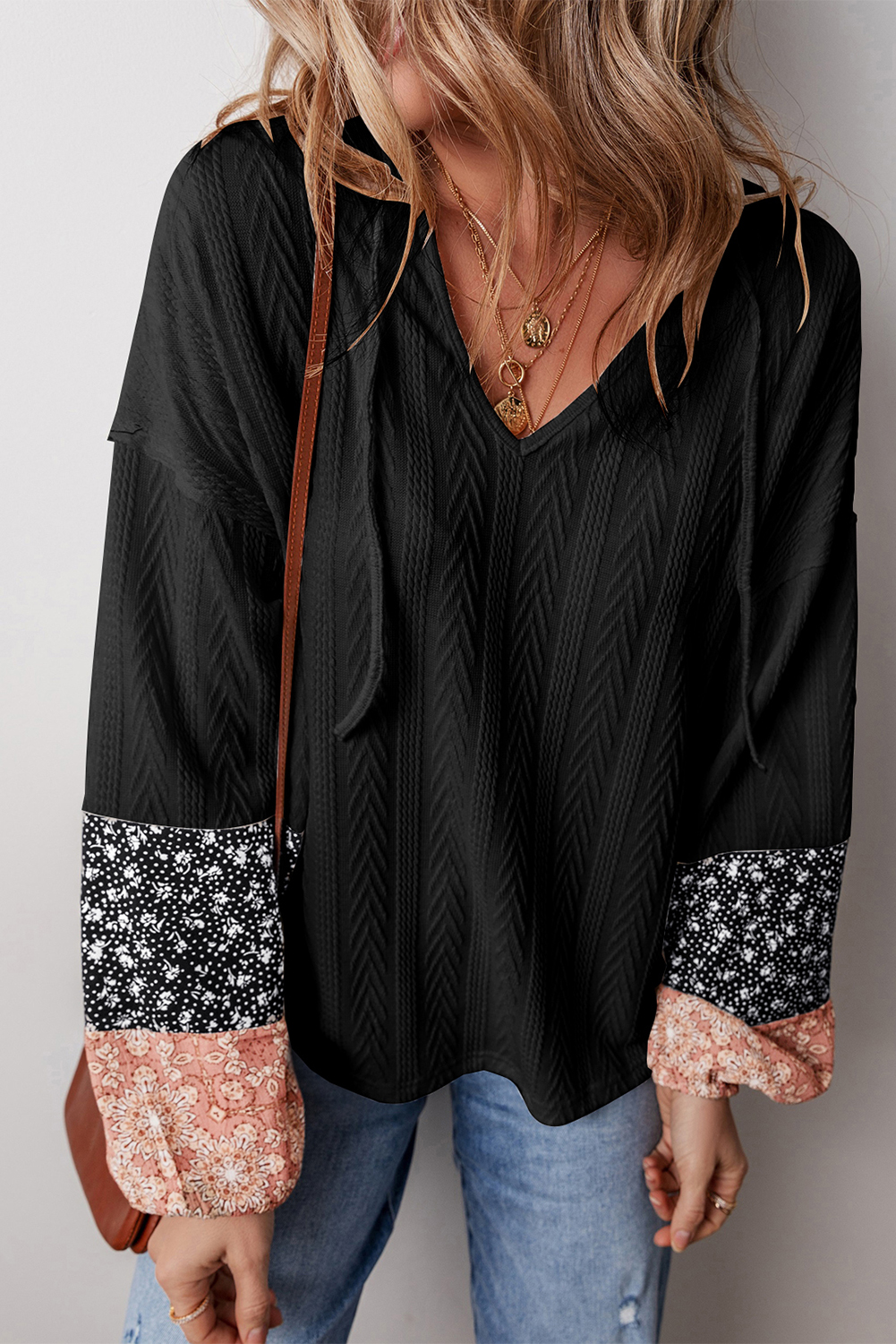 $ 9.41 - Black Floral Patchwork Textured Knit Drawstring V Neck Blouse ...