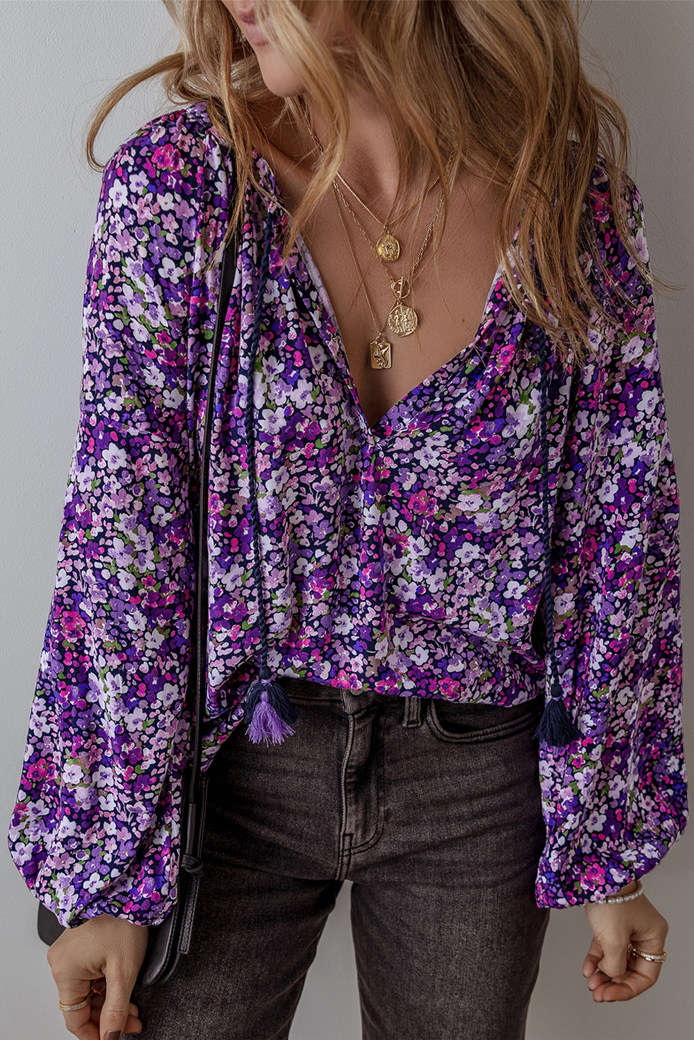 $ 11.85 - Purple Boho Flower Split V Neck Bubble Sleeve Blouse - ds ...