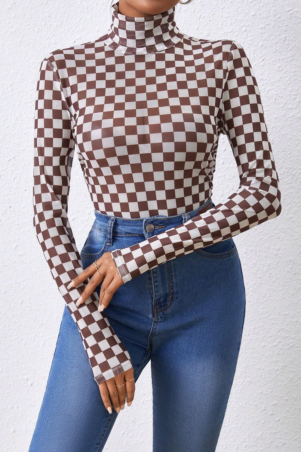 $ 5.85 - Brown Checkered Printed Long Sleeve High Neck Bodysuit - ds ...