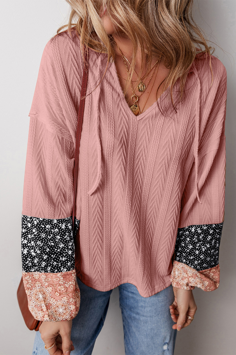 $ 9.41 - Dusty Pink Floral Patchwork Textured Knit Drawstring V Neck ...