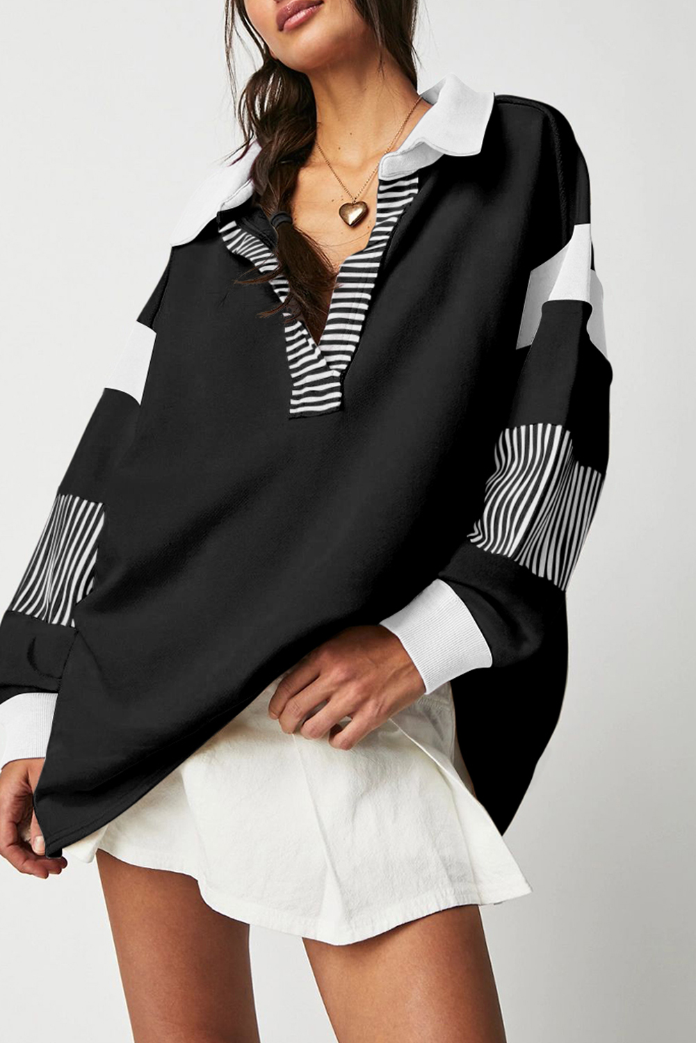 $ 16.2 - Black Striped Colorblock Patchwork Collar Sweatshirt - ds.dear ...