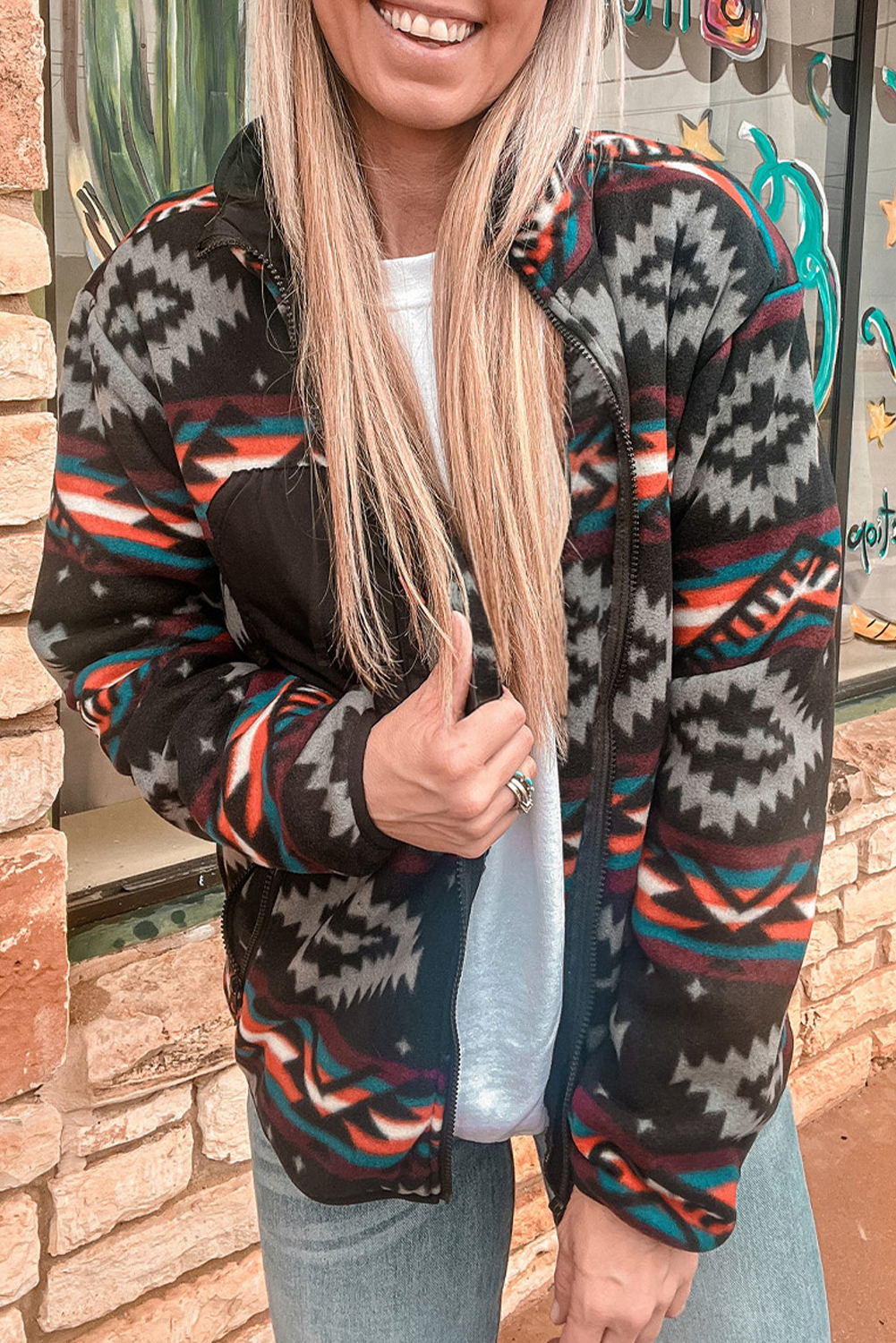 $ 16.13 - Black Aztec Printed Zip Up Collar Jacket - ds.dear-lover.com