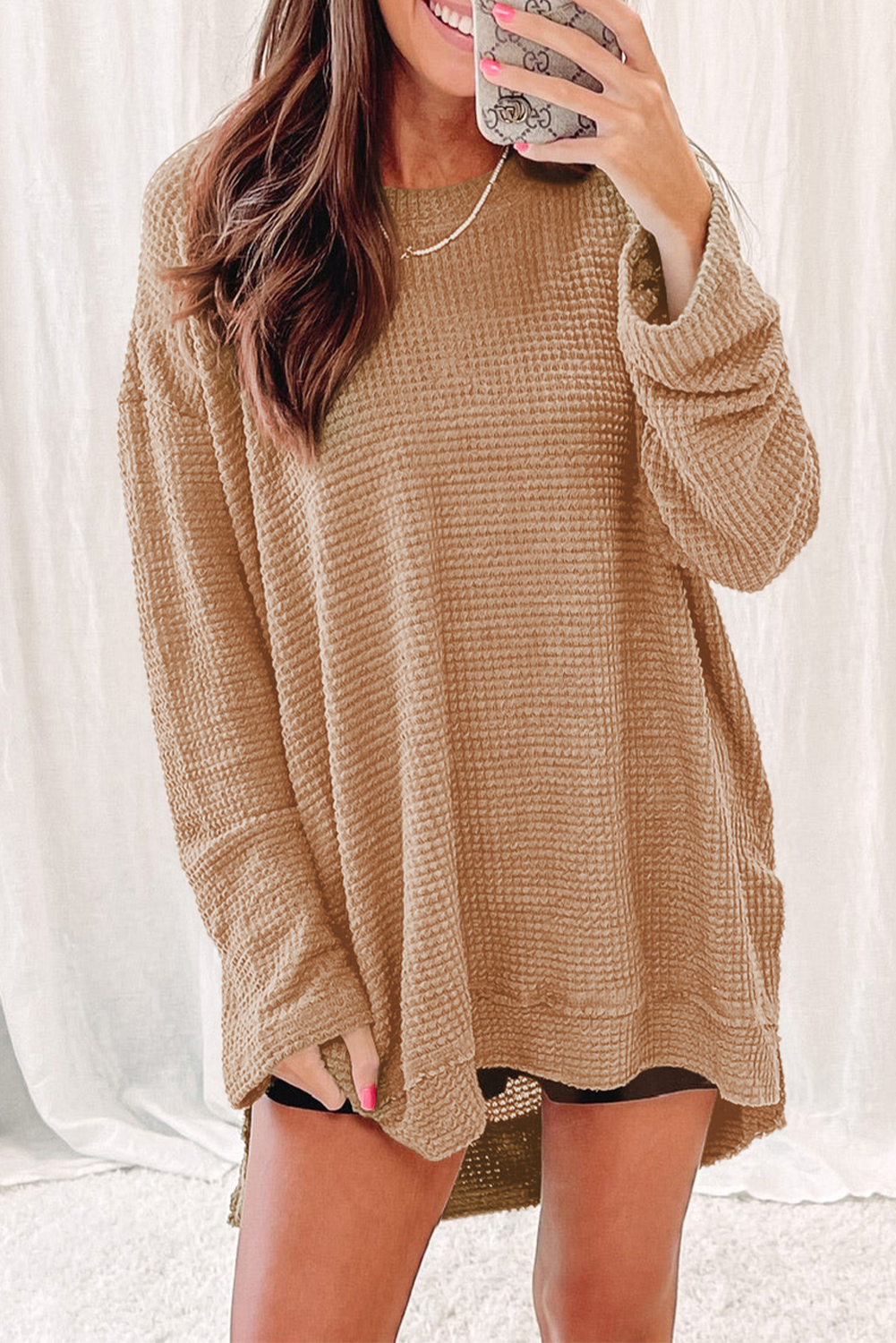 $ 12.3 - Khaki Waffle Knit High Slits Oversized Top - ds.dear-lover.com
