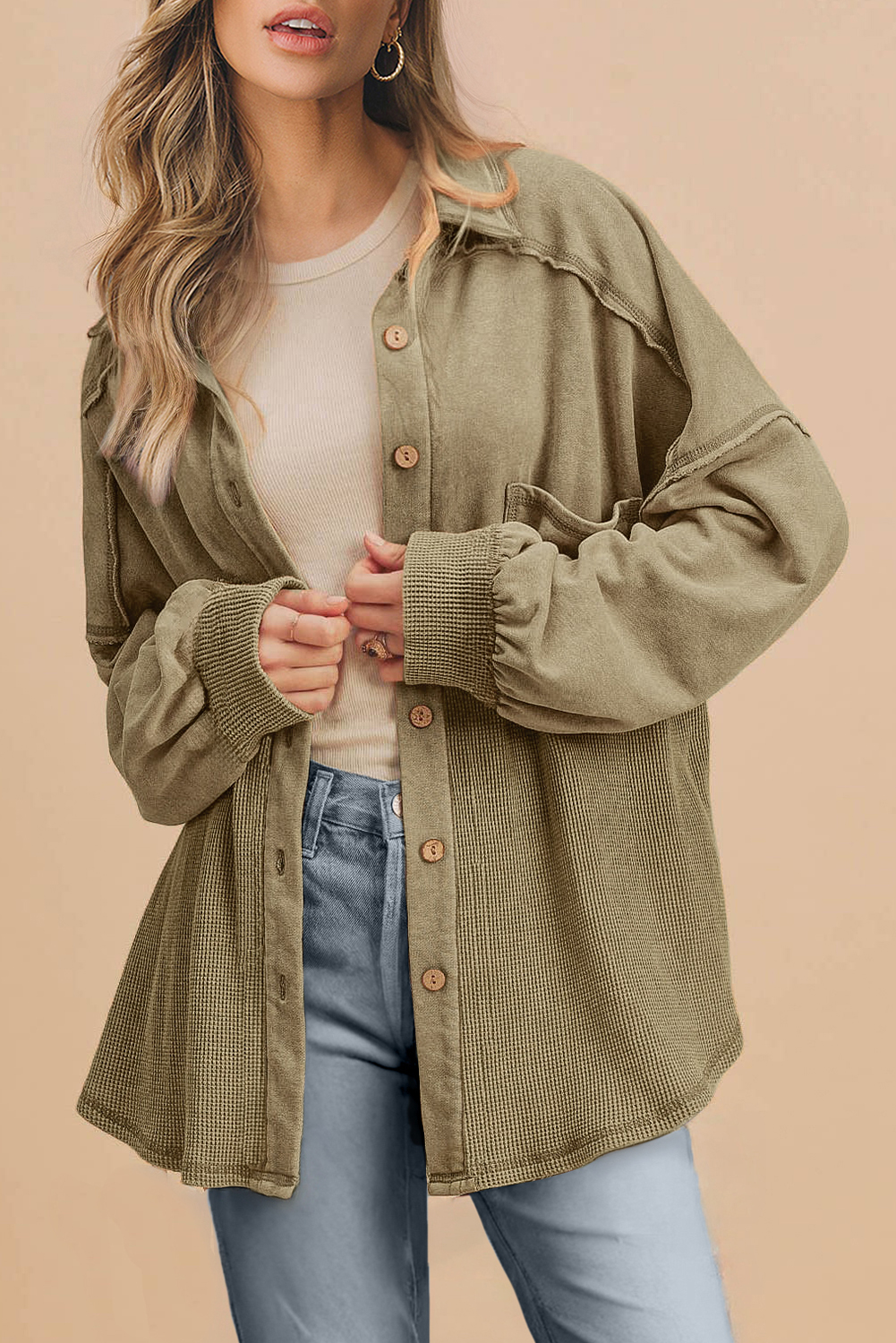 $ 15.9 - Moss Green Waffle Knit Patchwork Buttoned Oversized Shacket ...