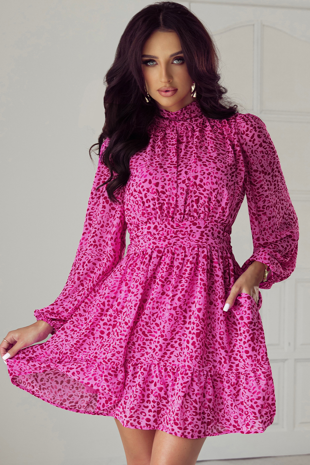 $ 20.1 - Rose Leopard Puff Sleeve Knotted High Neck Ruffle Dress - ds ...