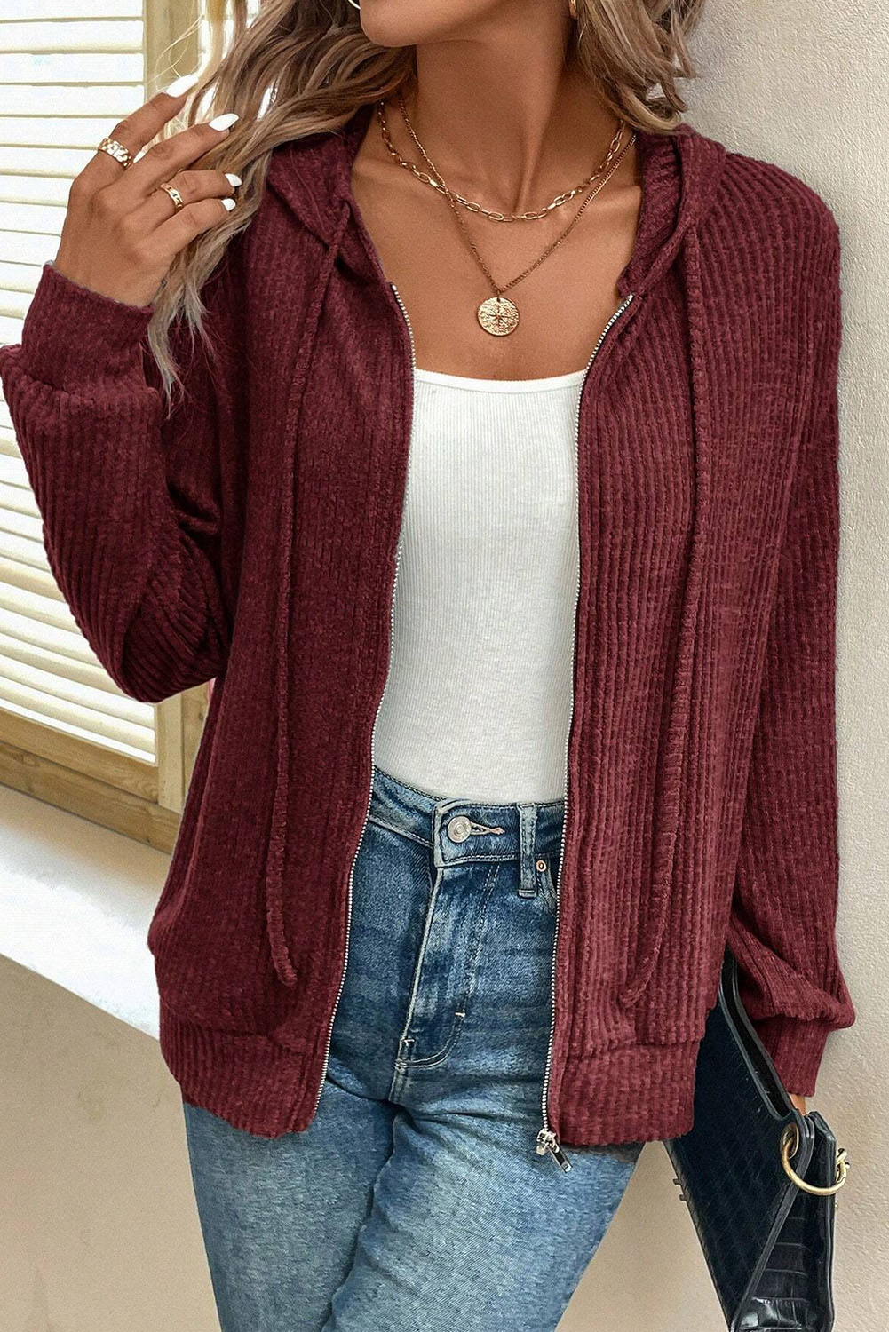 $ 13.28 - Red Dahlia Ribbed Zip Up Front Drawstring Hoodie - ds.dear ...