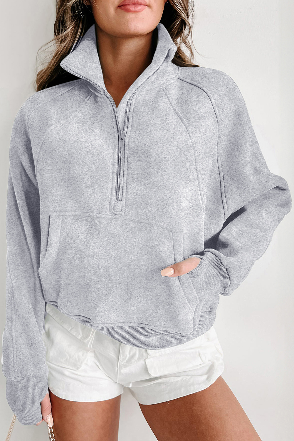 $ 16.58 - Light Grey Quarter Zip Stand Neck Kangaroo Pocket Sweatshirt ...
