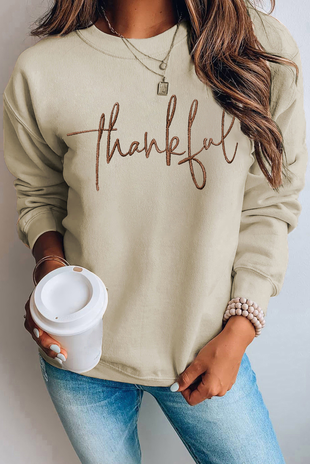 $ 16.88 - Parchment thankful Embroidered Drop Shoulder Pullover ...