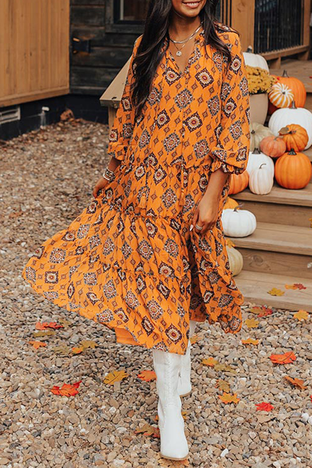 $ 20.85 - Orange Western Geometric Print Tiered Frilled Loose Fit Midi ...