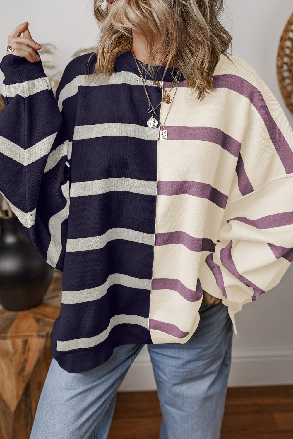$ 17.56 - Blue Stripe Colorblock Oversized Sweater - ds.dear-lover.com