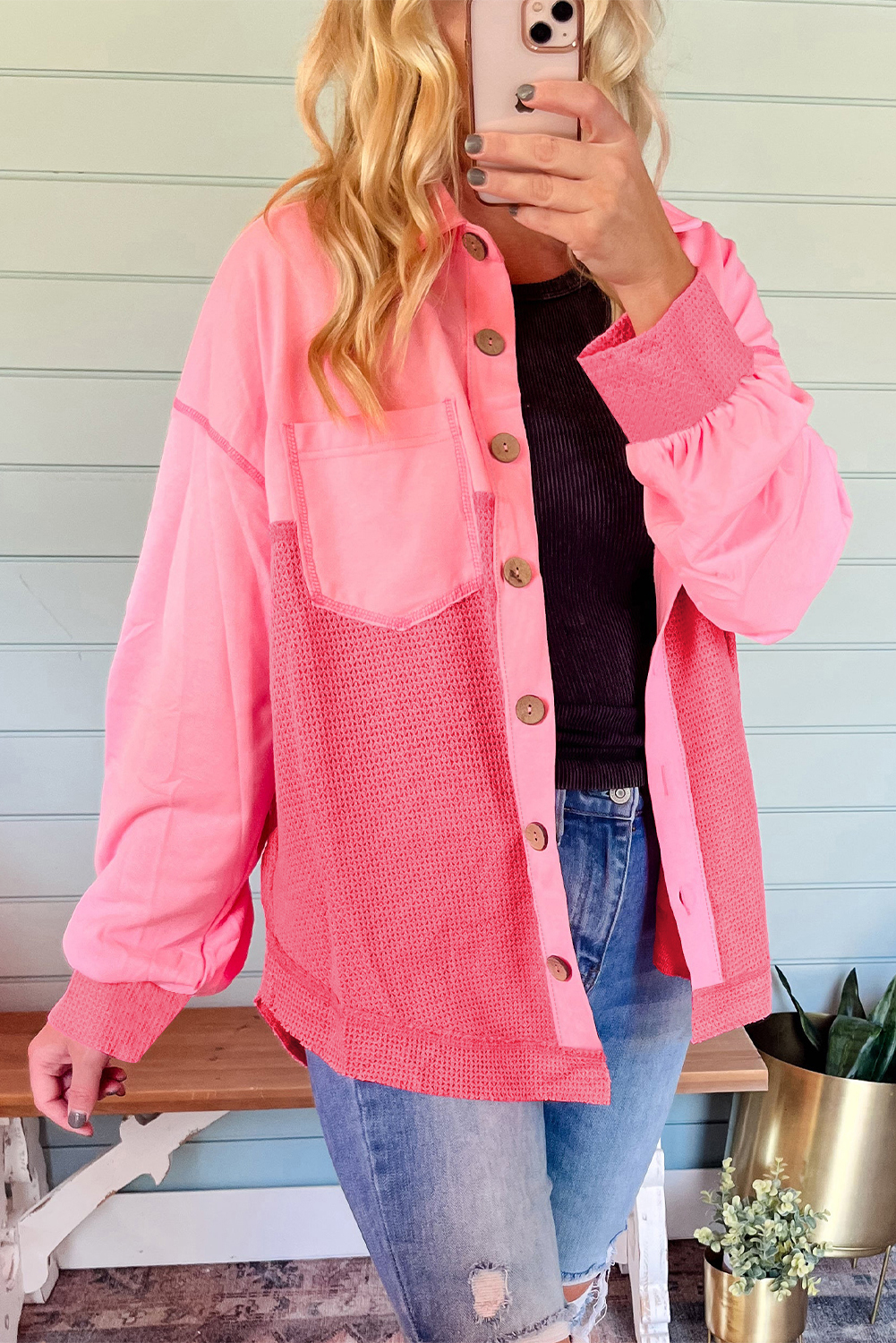 $ 16.73 - Peach Blossom Two Tone Contrast Waffle Knit Buttoned Loose ...