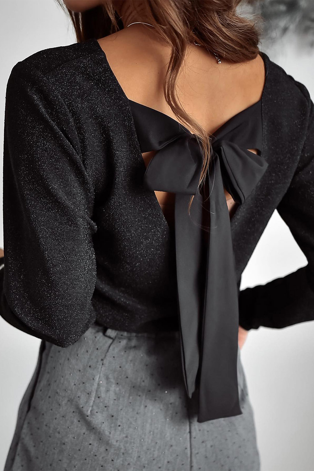 $ 11.33 - Black Metallic Bowknot Open Back V Neck Top - ds.dear-lover.com