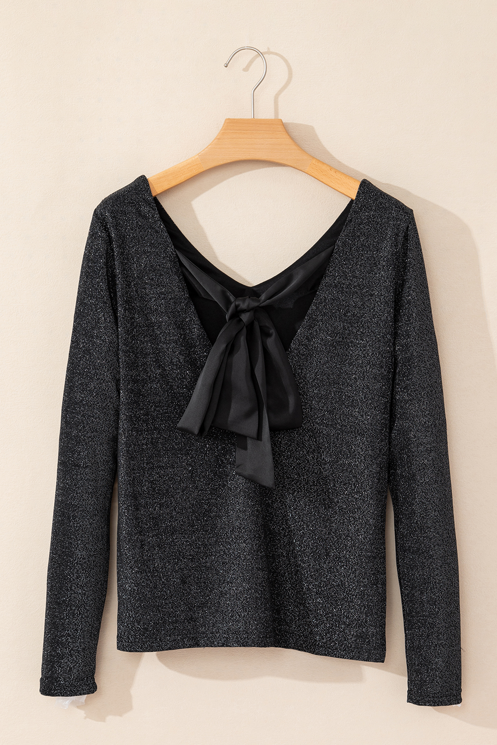$ 11.33 - Black Metallic Bowknot Open Back V Neck Top - ds.dear-lover.com