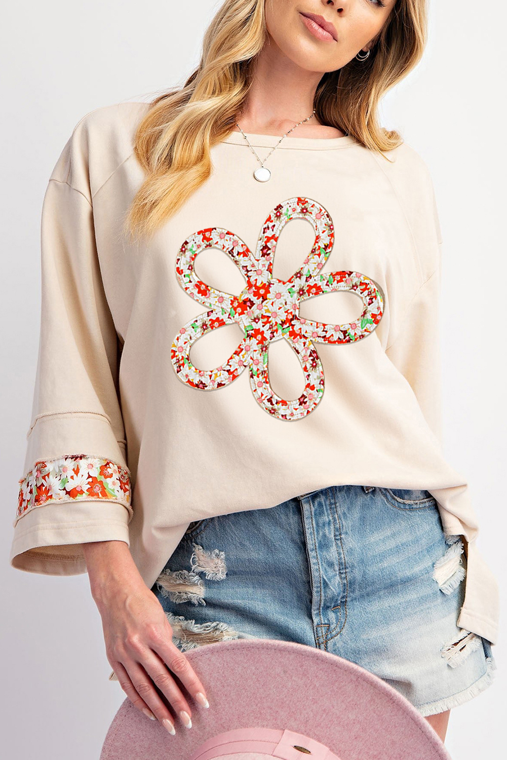 $ 12.23 - Beige Flower Patch Graphic Exposed Seam Wide Sleeve Top - ds ...