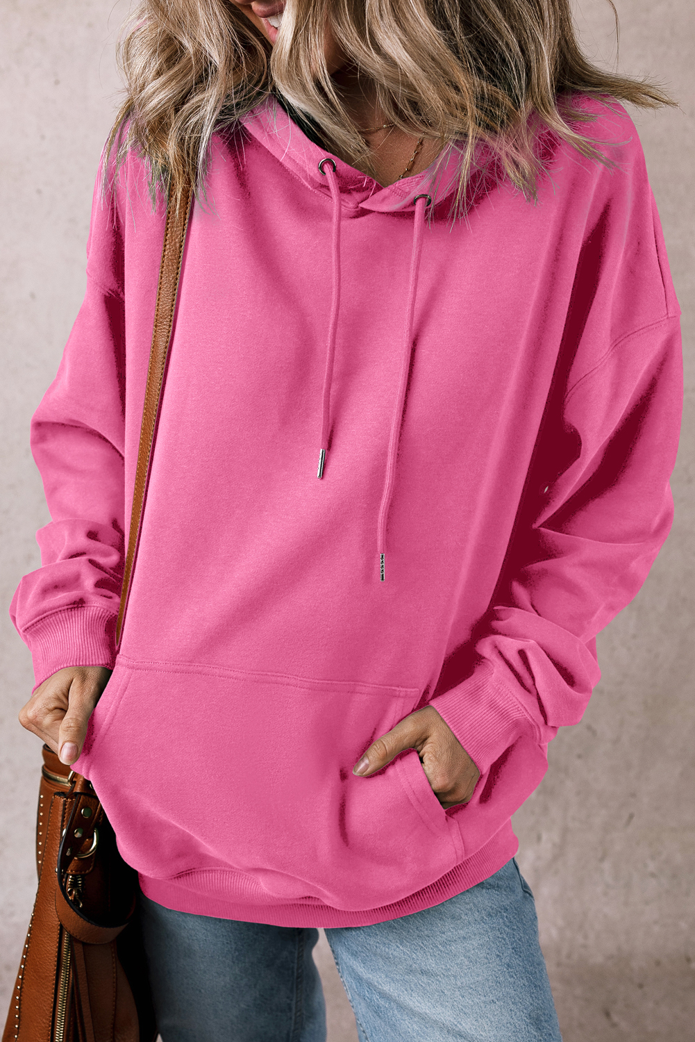 14 85 Bonbon Solid Kangaroo Pocket Drawstring Loose Fit Hoodie Ds