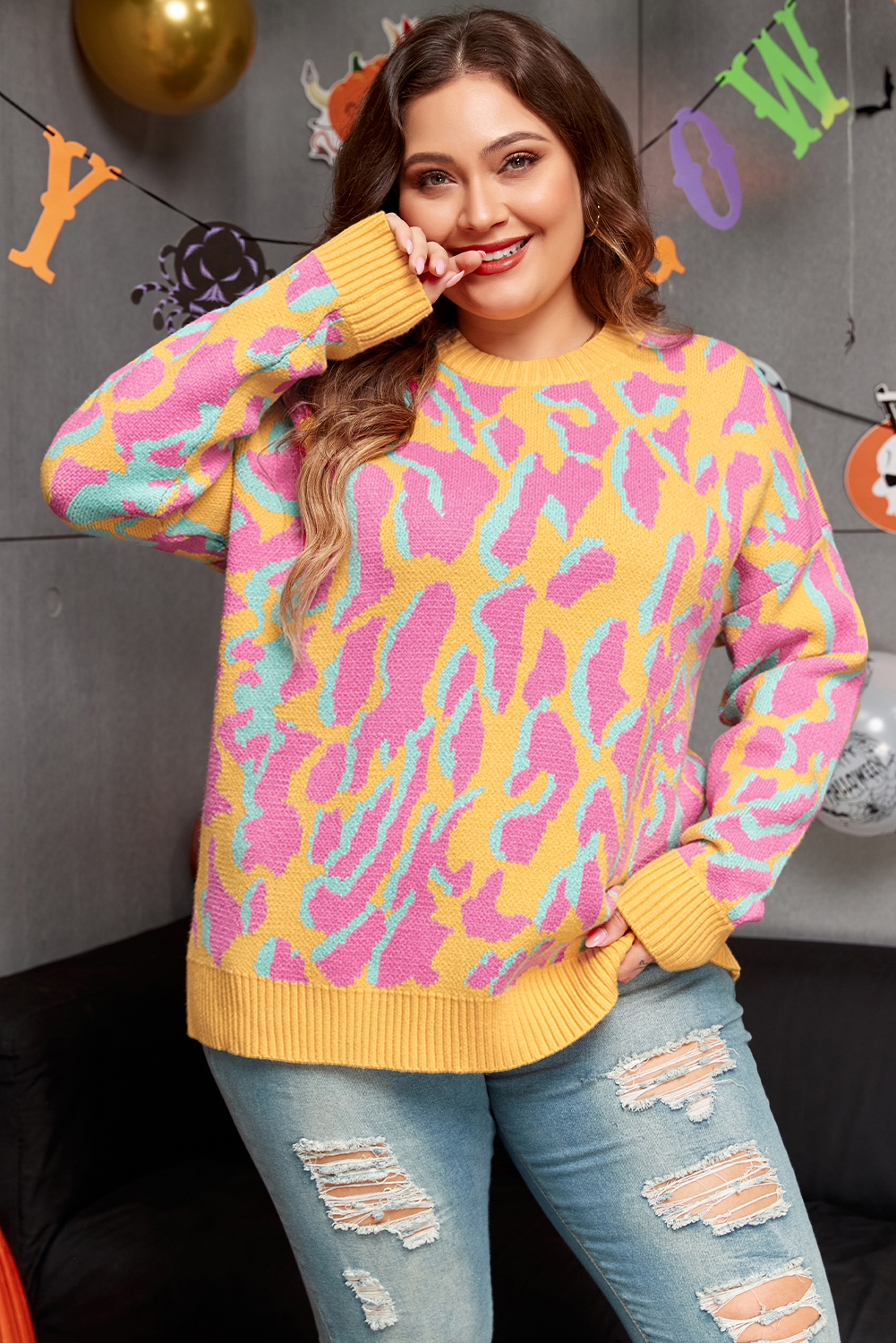 $ 18.23 - Bright Pink Plus Size Leopard Ribbed Trim Sweater - ds.dear ...