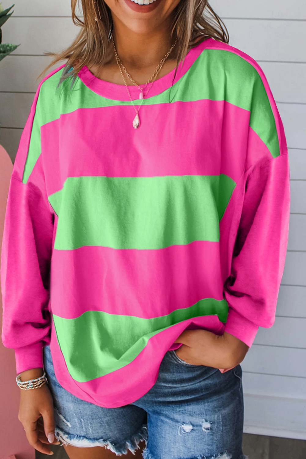 $ 6.98 - Light Green Colorblock Striped Drop Shoulder Loose Top - ds ...