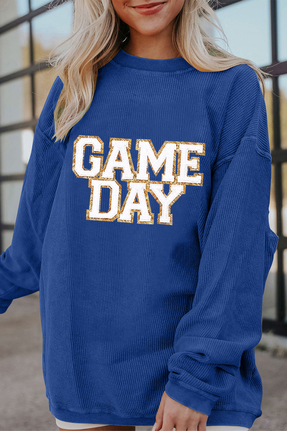 $ 12.75 - Dark Blue GAME DAY Glitter Detail Ribbed Drop Shoulder ...
