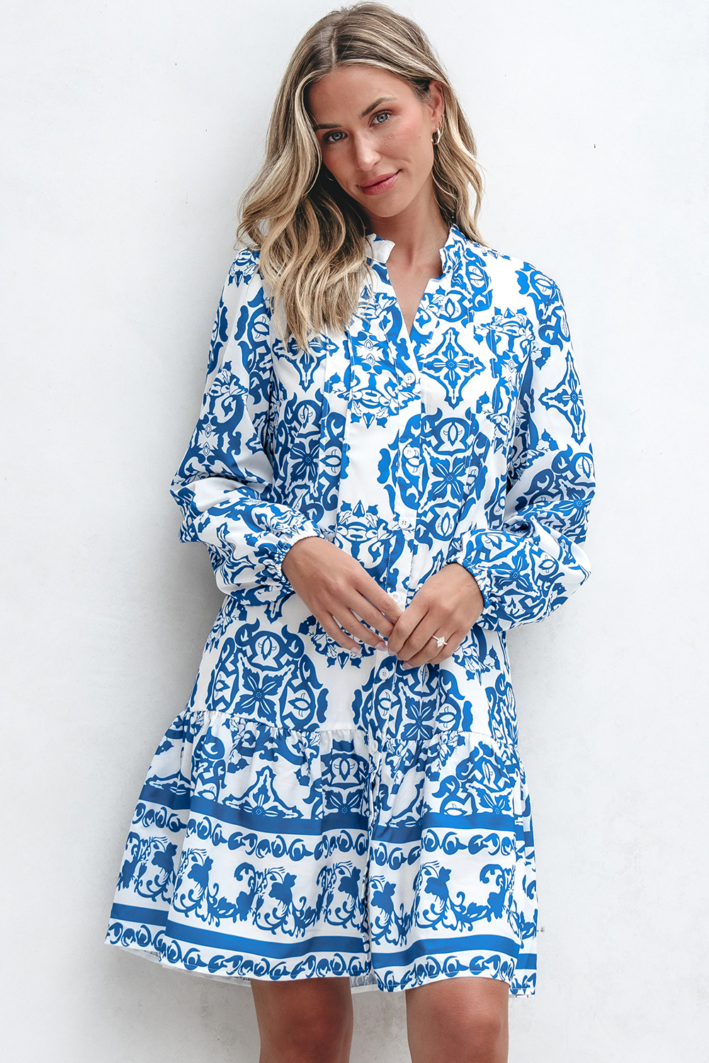 $ 13.28 - Sky Blue Tribal Print Button Up Notch Neck Loose Mini Dress ...