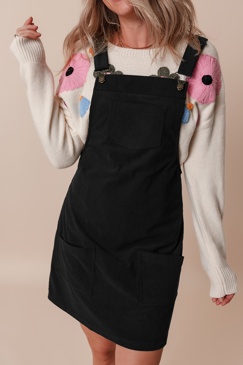 $ 10.43 - Black Solid Front Pockets Sleeveless Corduroy Overall Dress ...