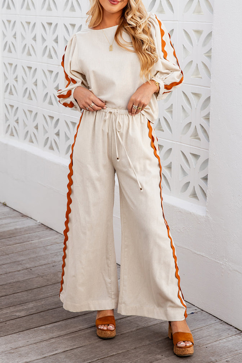 $ 25.05 - White Colorblock Ric Rac Trim Sleeve Top and Wide Leg Pants ...