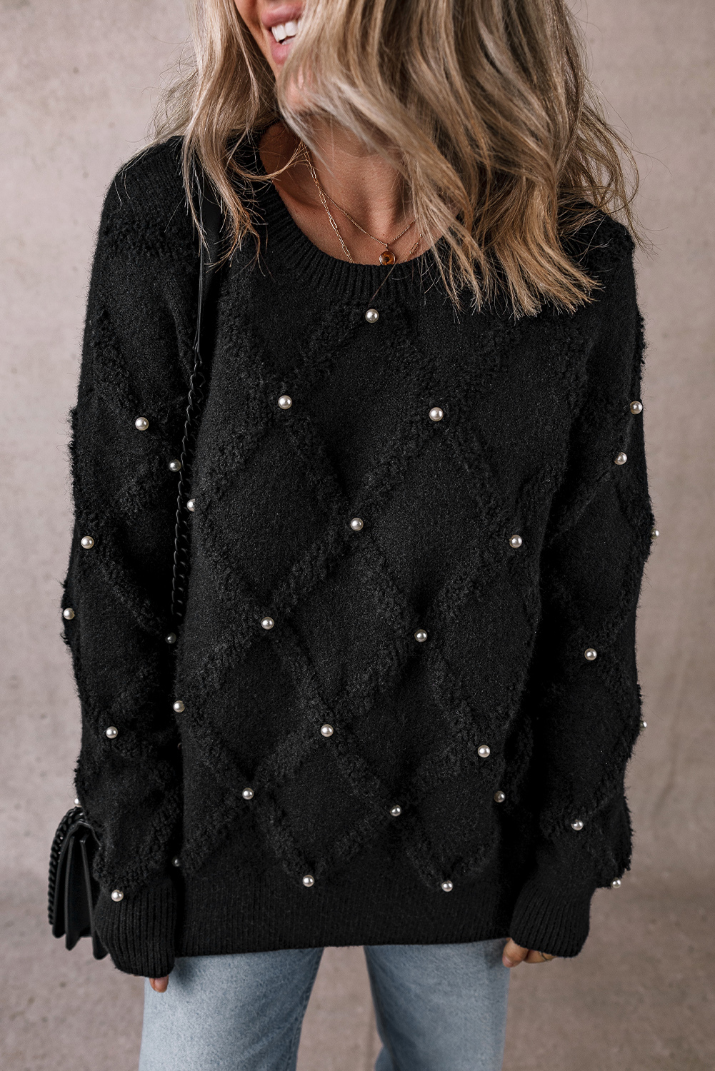$ 15.77 - Black Pearl Embellished Rhombus Pattern Sweater - ds.dear-lover.com