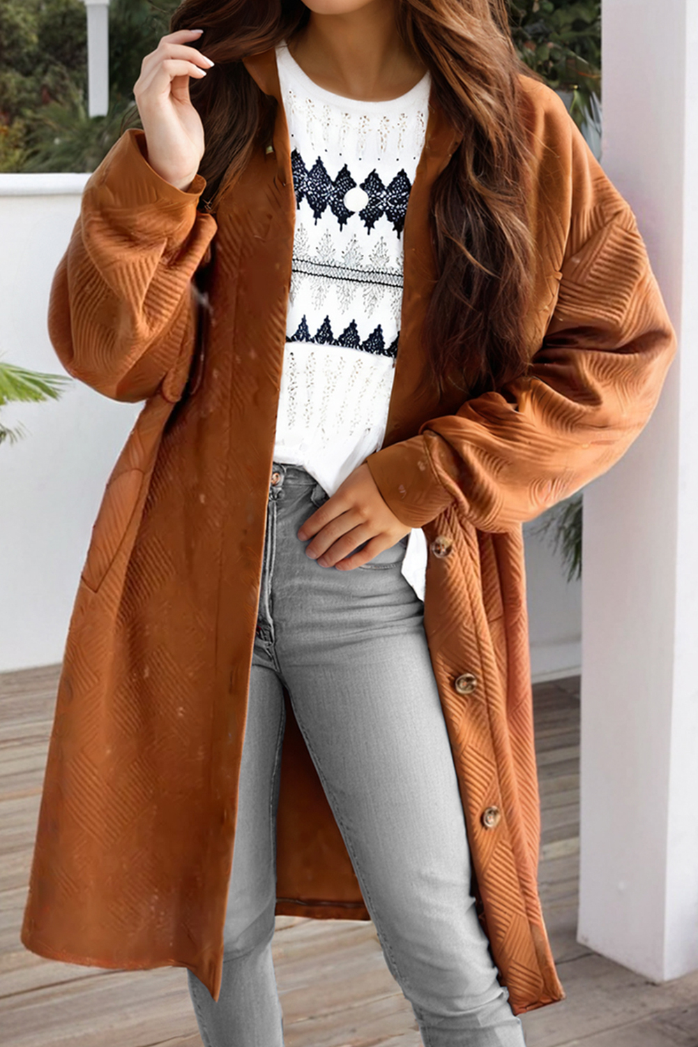 $ 17.7 - Gold Flame Textured Collared Drop Shoulder Buttoned Front ...