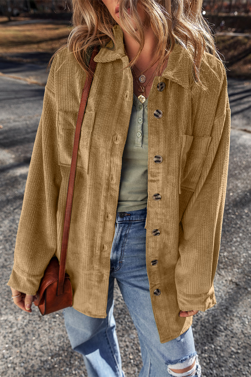 $ 18.53 - Light French Beige Patched Pocket Button Up Corduroy Shacket ...